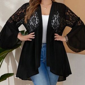 Tops | Plus Floral Sheer Lace Bell Sleeve Open Front Light Duster Top ...